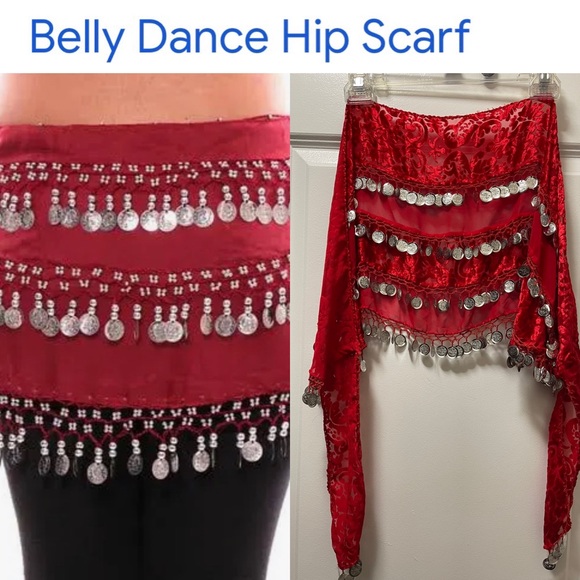 Accessories | Belly Dance Coined Hip Scarf Red Velvet Chiffon 32x 12 W ...